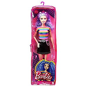 Barbie Fashionistas Doll with Long Blue Crimped Hair, Star Face Makeup, Multi-color Striped Tee, Denim Skirt, Black Boots & Silvery Chain Belt, Toy for Kids 3 to 8 Years Old