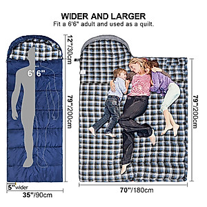 REDCAMP Cotton Flannel Sleeping Bag for Adults, XL 32/41/50F Comfortable, Envelope with Compression Sack Blue 3lbs (91"x35")