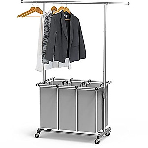 SimpleHouseware 3 Bag Laundry Sorter Rolling Cart w/Garment Rack Hanging Rod, Silver