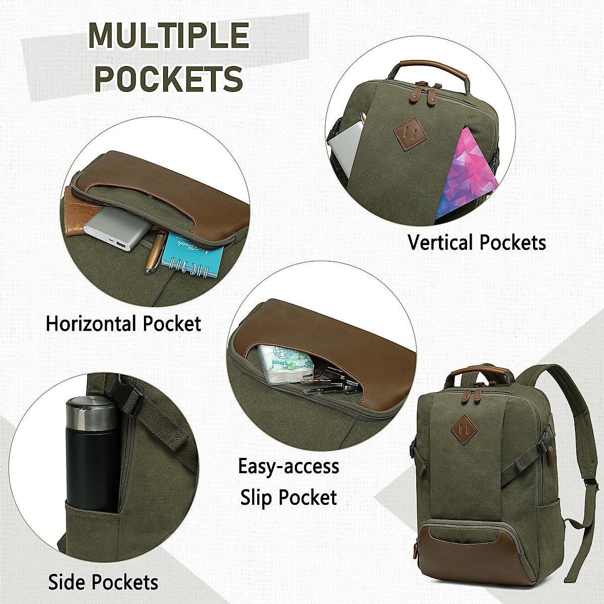 Kasqo Laptop Backpack 15.6 Inch Canvas Waterproof Anti Theft Business Travel College School Computer Bookbag Carry on Bag with USB Charging Port for Women Men, Black