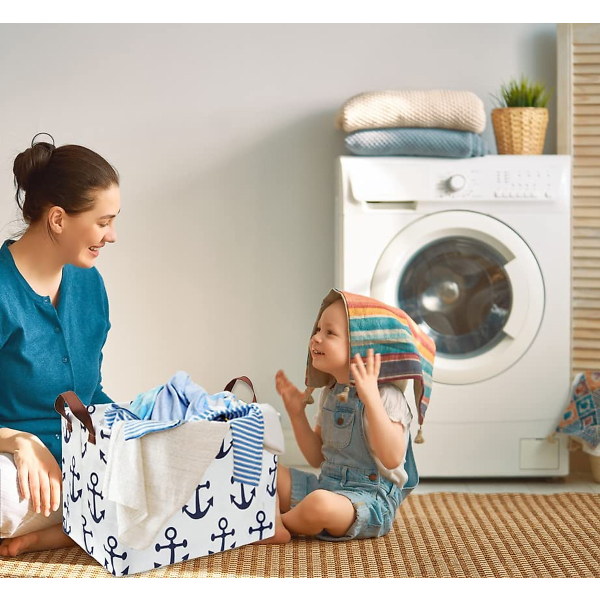 HIYAGON Kids Storage Basket Nautical Gift Basket Empty Boys Toy Storage Bin Organizer Box Rectangular Room Decor for Home,Books (Anchor)