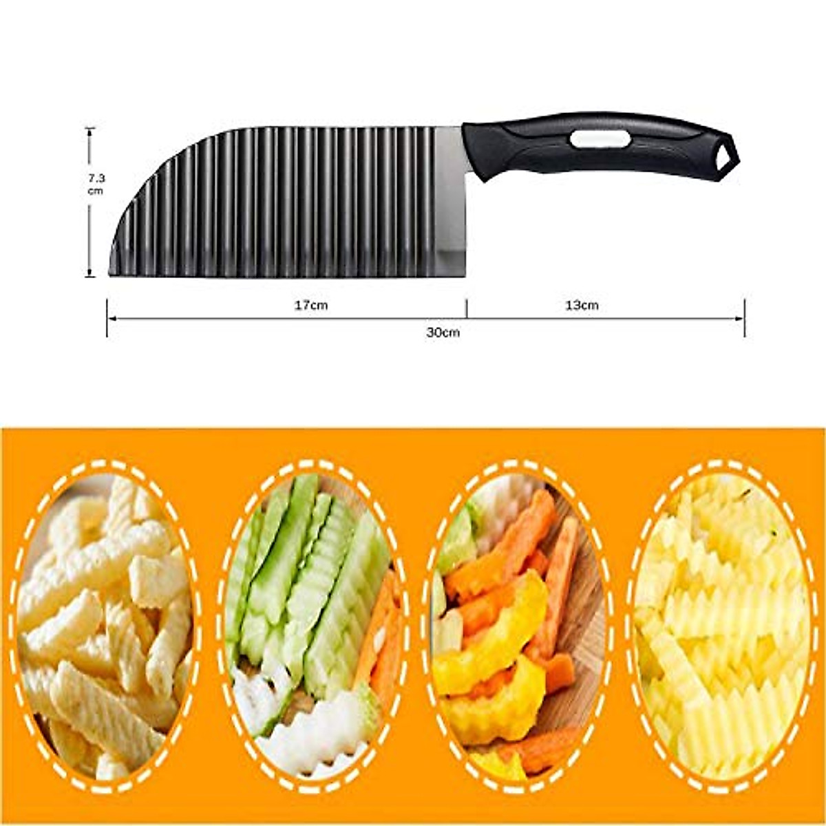 Crinkle Potato Cutter - 2.9" x 11.8" Stainless Steel French Fries Slicer Handheld Chipper Chopper Potato Carrot Chopping Knife Home Kitchen Wavy Blade Cutting Tool Large Size