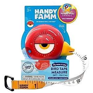 Handy Famm 8Ft Animal-Shaped Kids Tape Measure, Level & Protractor Angle Finder, Fun Educational Children's Tape Measure, Small Measuring Tape for Learning Early Math Skills, Ages 6+, Red Bird