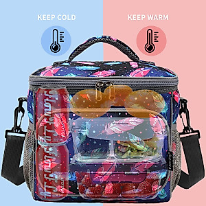 FlowFly Insulated Reusable Lunch Bag Adult Large Lunch Box for Women and Men with Adjustable Shoulder Strap,Front Zipper Pocket and Dual Large Mesh Side Pockets,Feather