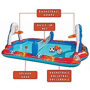 Banzai Outdoor Inflatable Sports Arena 4 in 1 Play Center Water Park Pool with Soccer, Volleyball, and Basketball Sports Ball, Ages 3+