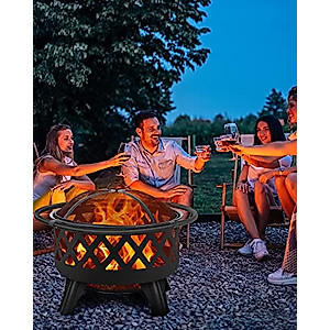 Outdoor 2 in 1 Fire Pit 30" Wood Burning FirePit with Grill, Spark Screen, Great for Outdoor, Garden, Patio, Backyard, Bonfire