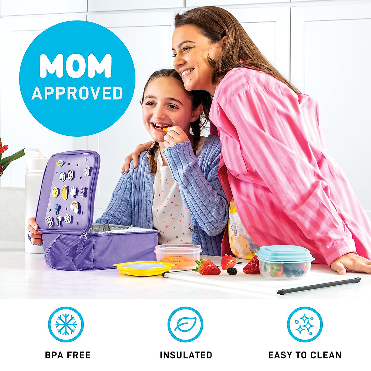 Fit & Fresh Charm Lunch Bag For Kids, Thermal Insulated Lunch Box For Kids Boys & Girls With Shoe Charm Slots For Personalization, School Lunch Box, Purple