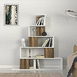 DORPEK Dornie Bookcase White – Walnut, Geometric 5- Tier Tall Bookshelf, Etagere Bookcase with Open Shelves, Floor Standing Unit, Freestanding Multifunctional Bookshelf, Storage Shelving for Living