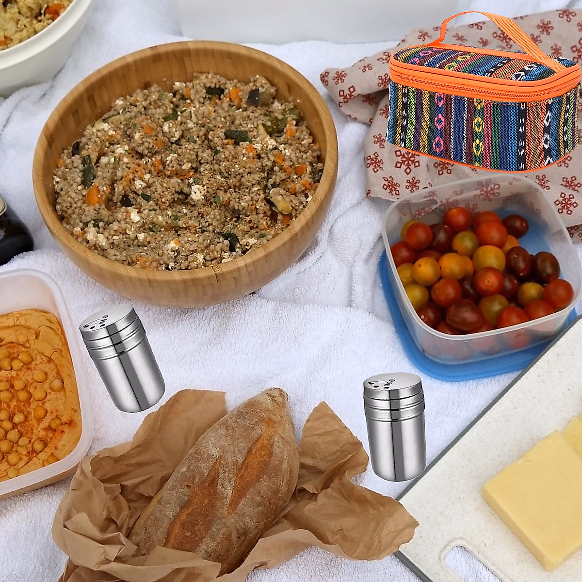 EZYoutdoor 6Pcs Stainless Steel Spice Shaker, Camping Spice Kit with Travel Bag, Salt and Pepper Shakers Set For Salt Sugar Spice Dry Herb Spice, for Home or Outdoor Use