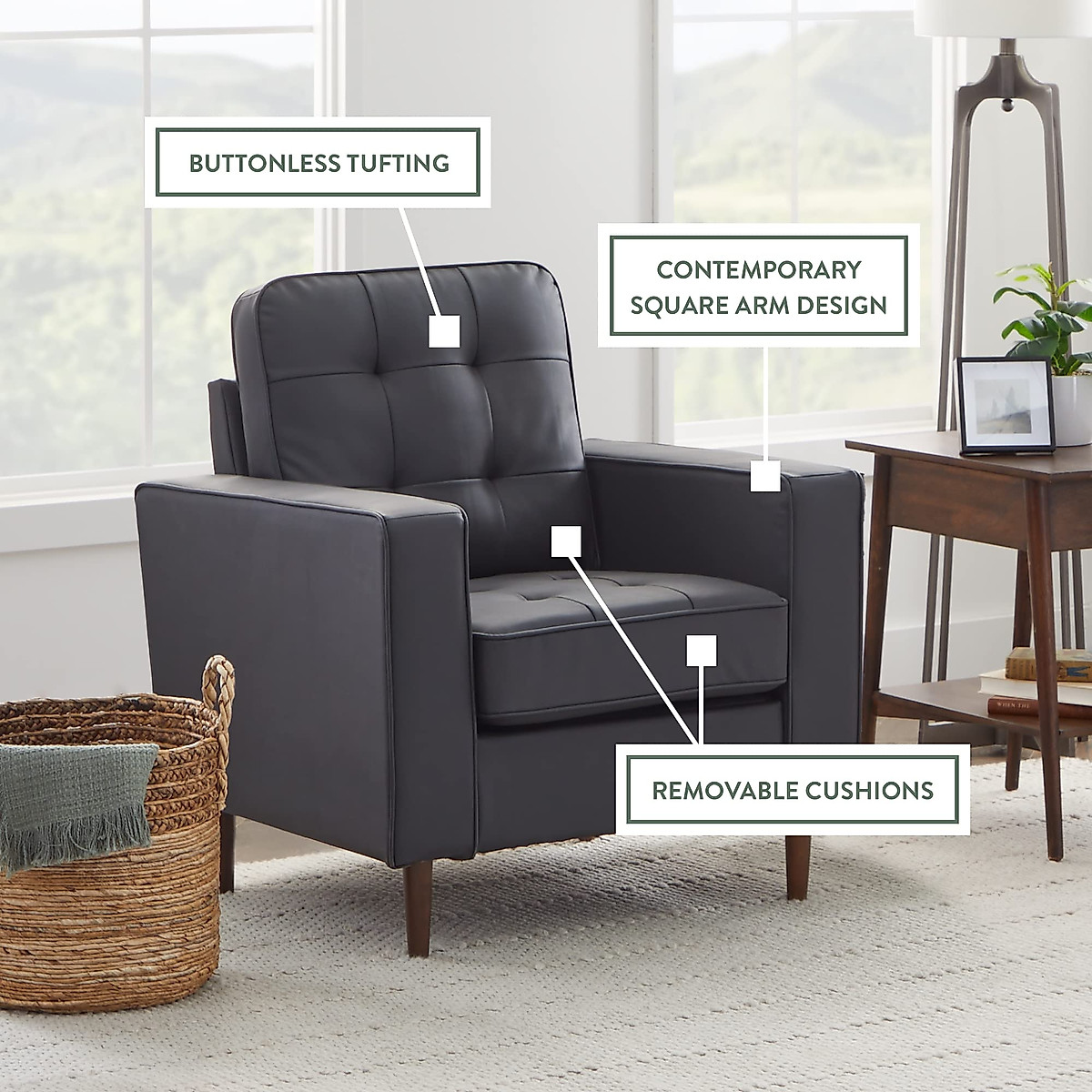Edenbrook Lynnwood Upholstered Accent Chair - Living Room Furniture - Office - Bedroom - Mid-Century Modern Design - Armchair - Buttonless Tufting - Simple Assembly - Solid Frame - Black Faux Leather