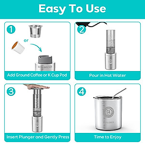 CASABREWS Portable Coffee Maker, 2 in 1 Small Travel Coffee Machine for K Cup Pod or Ground Coffee, Quick Coffee Press Kit with Stainless Steel Coffee Cup, Cup Lid, Straw and Storage Bag