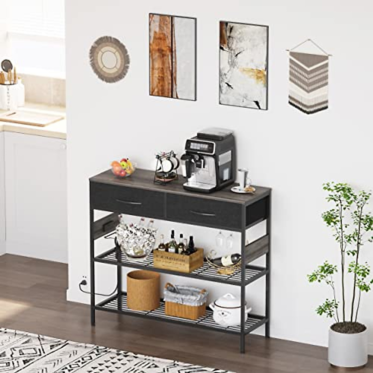 COTUBLR Console Table with Drawers and Outlets, Entryway Table with Storage Shelves, 39 inch Narrow Sofa Table for Living Room, Entry Table for Entryway, Hallway, Living Room Furniture, Grey Oak