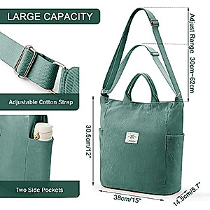 KALIDI Corduroy Tote Bag, Zipper Messenger Bag Shoulder Hobo Anti Splash Crossbody Bag Casual Work Shopping Women Frost Green