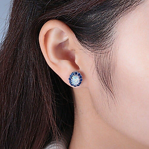 CiNily 14K White Gold Plated Created White Opal and Sapphire Stud Earrings for Women Oval Flower Gems Earrings 12mm