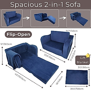 Wonder Space Kids Foam Couch with Blanket, Pre-Assembled Toddlers 2-in-1 Convertible Sofa, Indoor Foadable Lounger Chair & Flip Open Floor Bed for Boys & Girls (Navy Blue)
