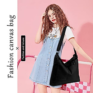 Ndeno Hobo Bags for Women Crossbody Shoulder Tote Bag Canvas College School Student Handbags Casual Shopping Work Travel Bag (Black)