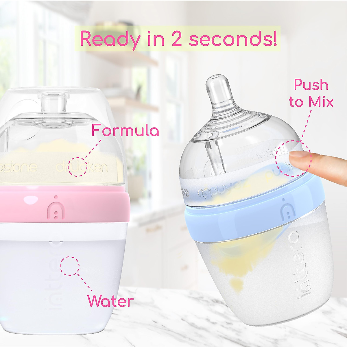 INTTERO 9oz Blue Formula Dispenser Anti-Colic Baby Bottles - 2 Pack/Medium Flow (Cute Blue) — Everyday Baby Essential — Formula Bottle — Biberones para Formula — PopYummy Mixie — Easy Baby Brezz