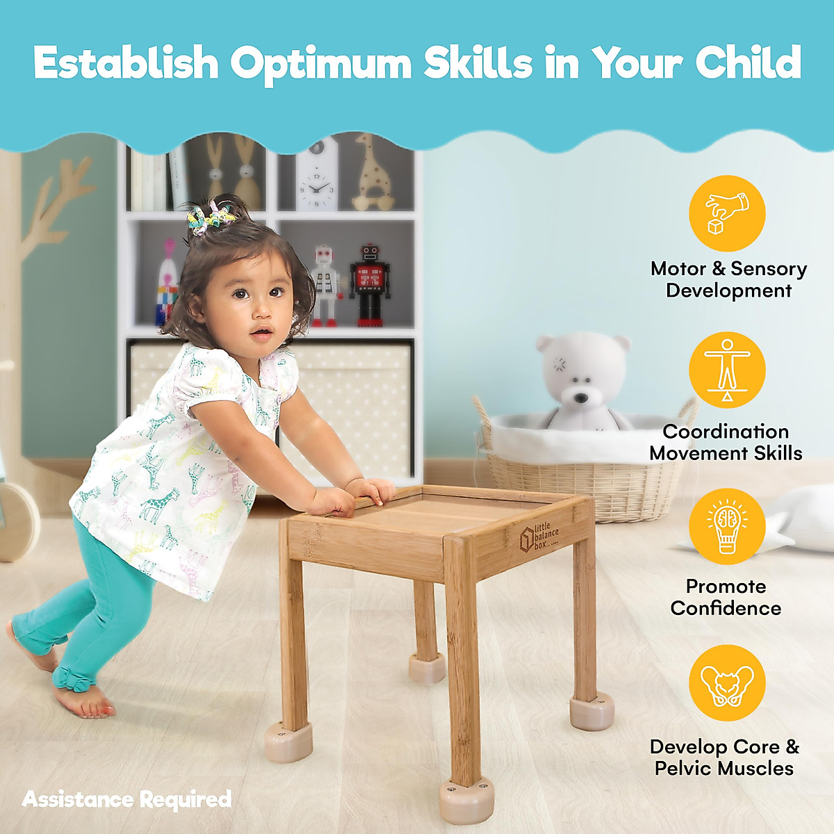 Little Balance Box, 2-in-1 No Wheels Spring Feet, Wooden Walker, Child Girl Boy Push Pull Walker Stand Toy, Activity Table, Award Winning (Coral + Removable Yellow Booties)