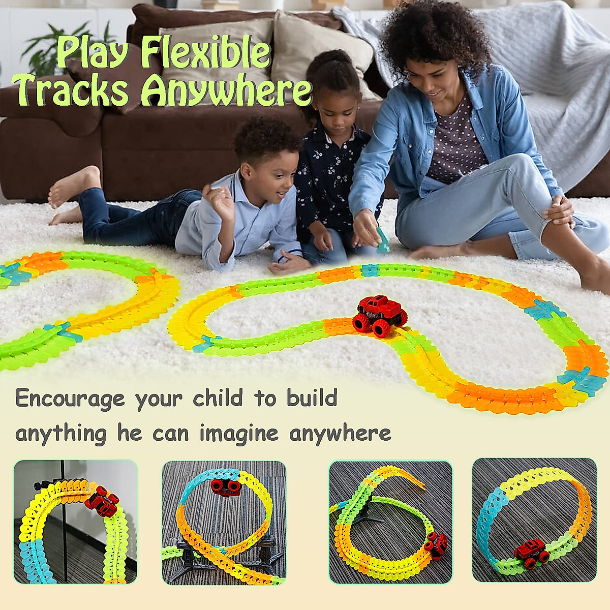 Race Car Track Toy for Kids, 200pcs Flexible Tracks of Glow in The Dark with 1 LED Light-Up Race Car for 3 4 5 6 7 Years Old Boys Girls Toddler, 19Ft Train Track Set Can be Build in Various Ways