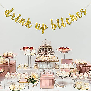 RoadSea Drink Up Bitches Banner - Funny Birthday - Bachelorette - Engagedment Party Garland Supplies - Wedding Party Decorations - Gold Glitter