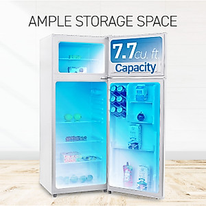 Commercial Cool CCR77LWW 7.7 Cu. Ft Freezer, Top Mount Fridge with Glass Shelves, Bottle Storage, Beverage Rack, Crisper Drawer Cover in White Refrigerator