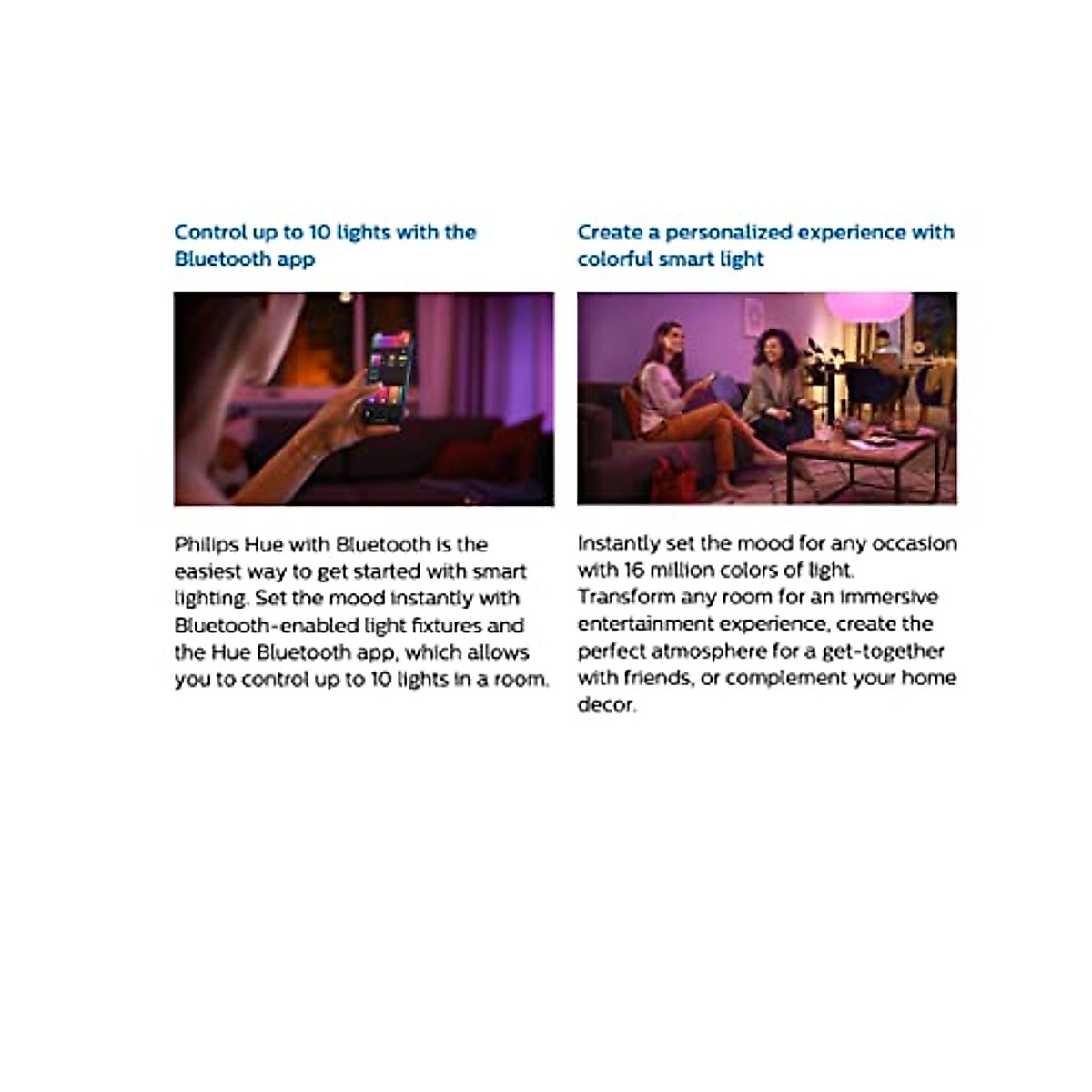 Philips Hue 4-Pack White and Color A19 Medium Lumen Smart Bulb, 1100 Lumens, Bluetooth & Zigbee Compatible (Hue Hub Optional), Compatible with Alexa & Google Assistant