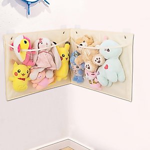 CINPIUK Stuffed Animal Storage Net Wall Haning Organizer Storage for Stuffies, Baby Ideas Holder Plush Plushie Organizer Basket with 2 Pockets for Nursery Wall Bedroom Room, Beige