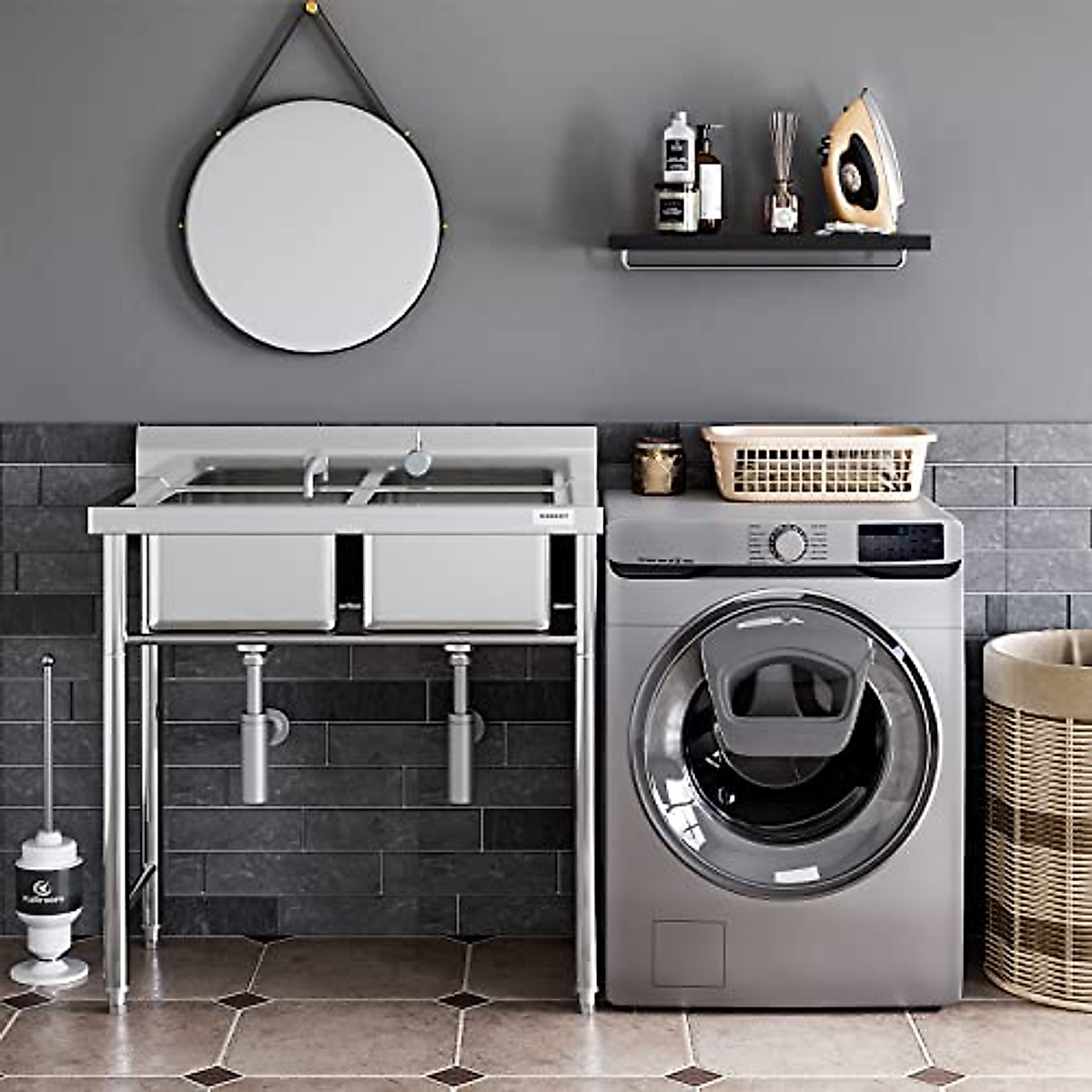 RIEDHOFF Stainless Steel Utility Sink with 2 Compartments, [Wide Compartment] Commercial Kitchen Sink for Laundry, Backyard, Garage, Restaurant, Outdoor -Bowl 16" L x 14" W x 9" H