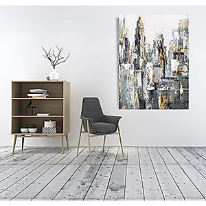 Yihui Arts Large Modern Abstract Chicago City Canvas Wall Artworks Painting with Gold Foil for Living Room Decoration