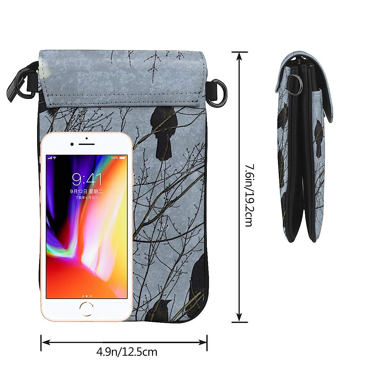 Perfect Gift - Stylish Black Crow Raven Bird Cell Phone Purse Wallet Big Pocket Small Crossbody Bags Adjustable Shoulder Strap Cellphone Pouch With Card Slots