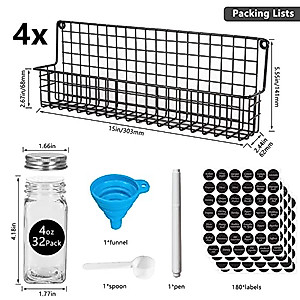 Hanging Spice Racks with Jars, 4-Tier Wall Mounted Metal Spice Racks with 32 Pcs 4oz Glass Spice Jars, Easy To Install Space Saving Organizer Shelf with Seasoning Bottles For Your Kitchen and Pantry
