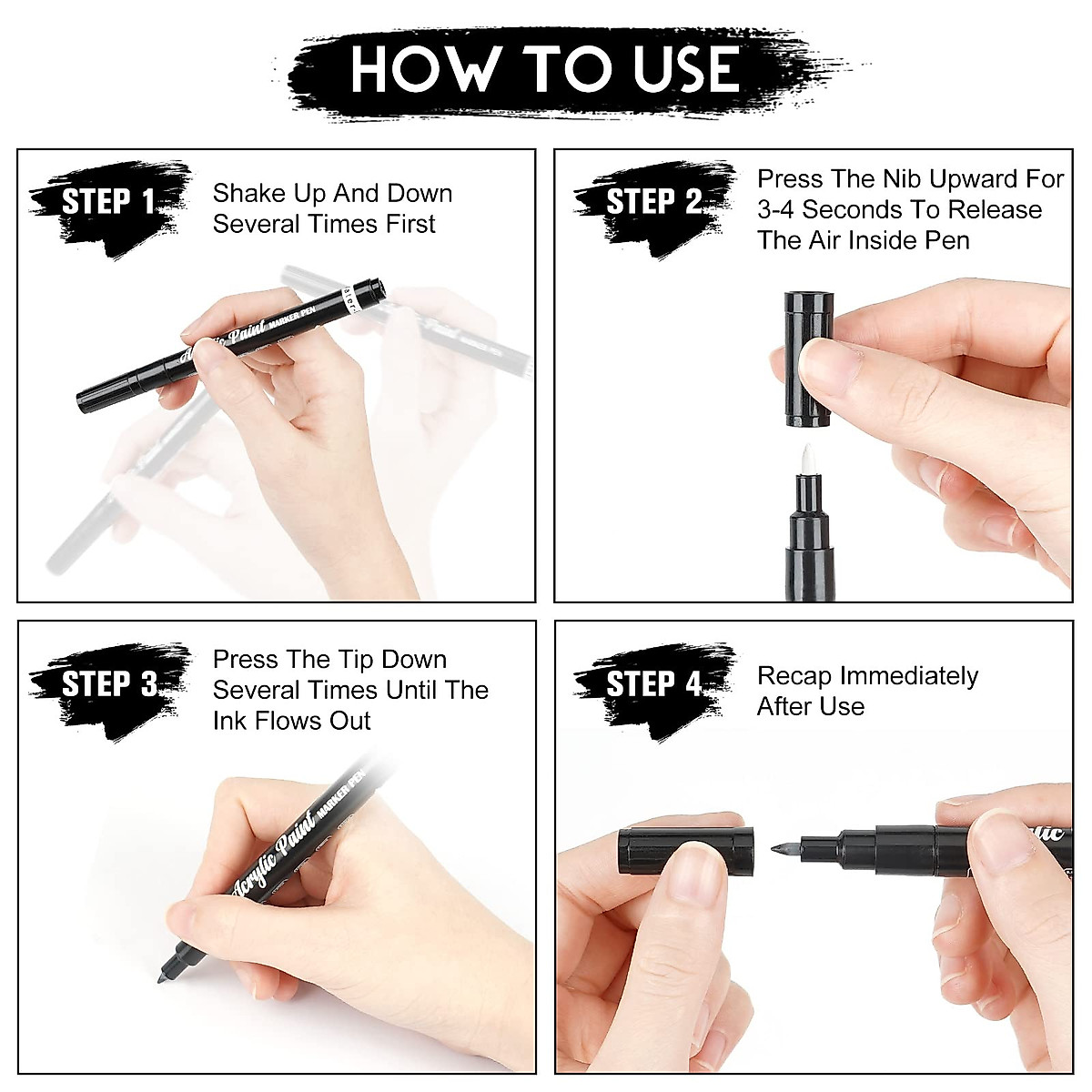 SUPKIZ White Paint Pens for Rock Painting, 8 Pack Acrylic Paint Markers Extra Fine Tip Paint Pens for Stone Ceramic Glass Wood Metal Canvas Paper Drawing Permanent Black Paint Markers Set (0.7mm)