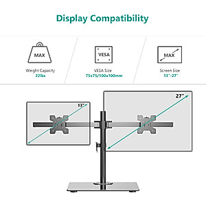 WALI Free Standing Dual Monitor Stand, Height Adjustable Monitor Mount with Glass Base, Fits LCD LED Flat Curved Screen up to 27 inch, 22lbs, with Grommet Base (GMF002)