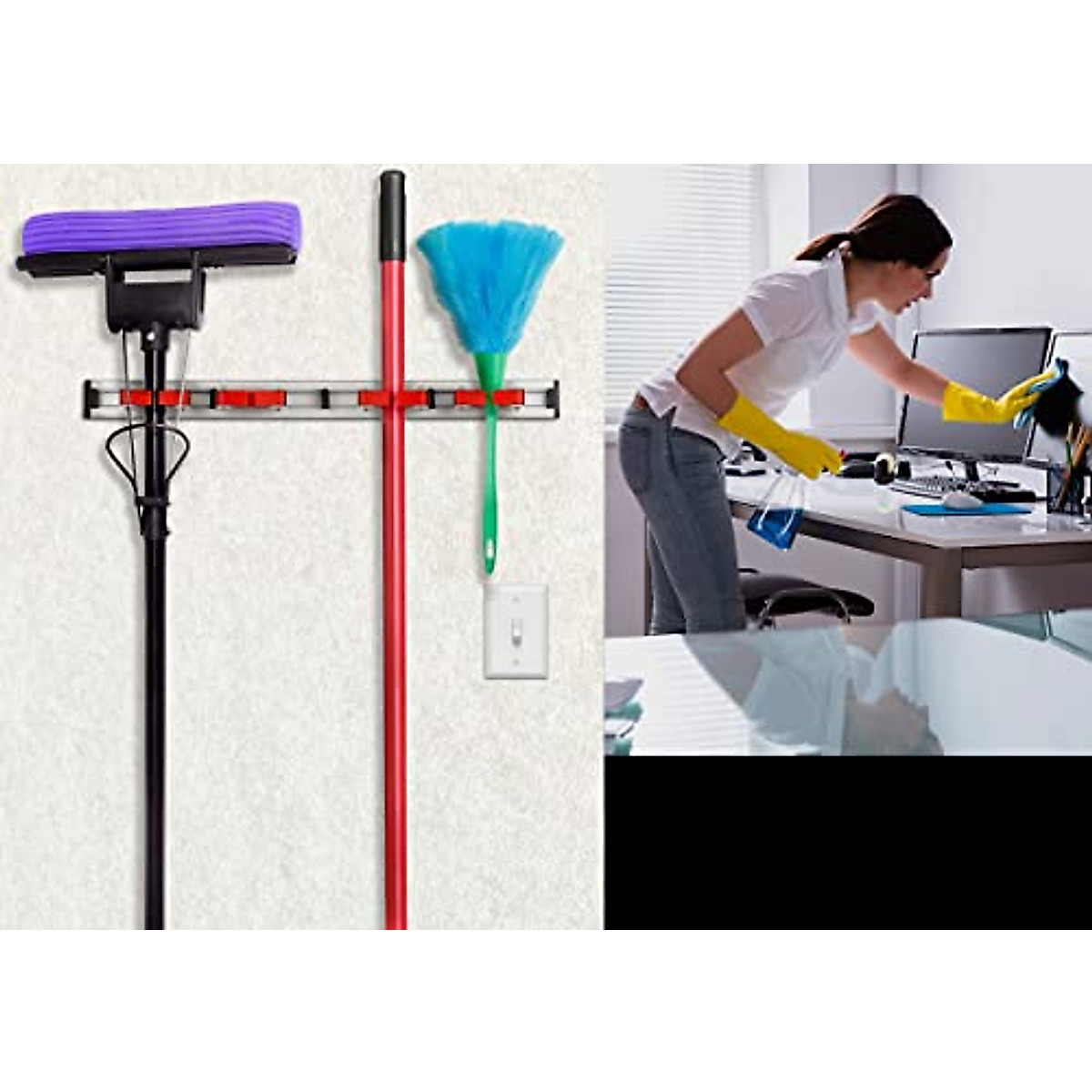 Alpine Industries Mop and Broom Holder Track - 5 Hooks 4 Holders Sliding Cleaning Tool Organizer - Heavy-Duty Adjustable Wall Mount Space Saving Storage Solution (4 Holders - 5 Hooks)