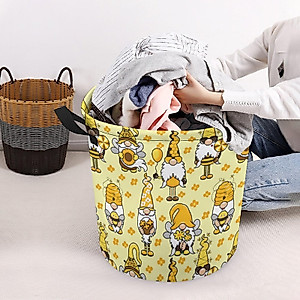 FISNAE Yellow Honey Bees Storage Baskets, Gnomes Flower Small Laundry Hamper-Collapsible Storage Bin with Handles Round Toy Organizer Bin for Kid's Room,Office,Nursery Hamper, Home Decor