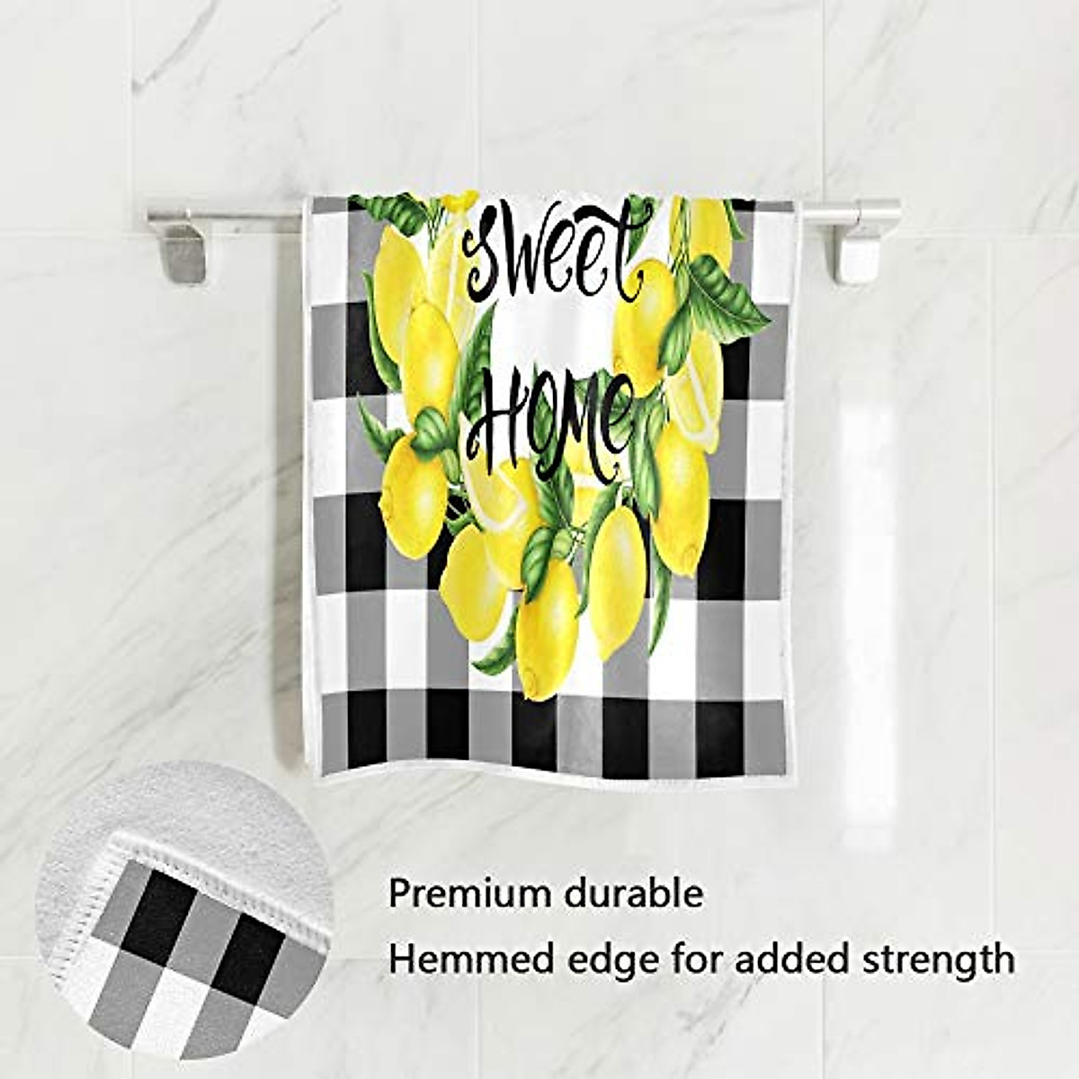 GRTARANY Hand Towel Black Plaid Yellow Lemon Home Sweet Large 30x15inch Ultra Soft Highly Absorbent Bath Towel Kitchen Dish Guest Towel Home Bathroom Decor