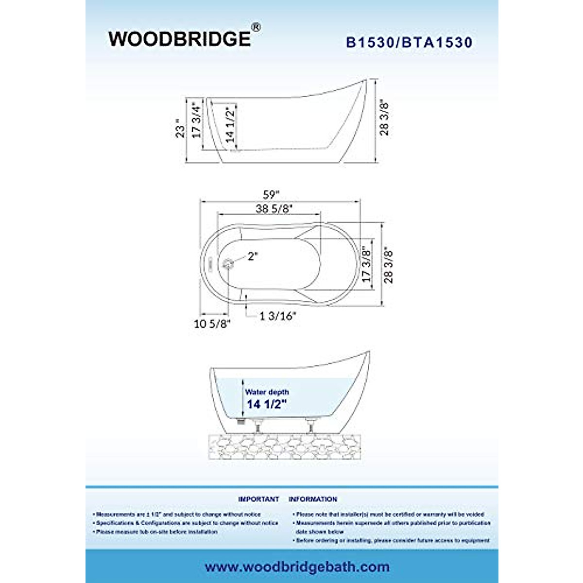 WOODBRIDGE 59" Acrylic Freestanding Bathtub Contemporary Soaking White Tub with Matte Black Overflow and Drain，B1530 -MB-Drain &O