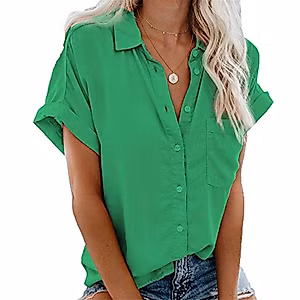 Andongnywell Womens Short Sleeve Button Down Shirts Simple Pullover Stretch Formal Casual Shirt Blouse (Green,3,Large)