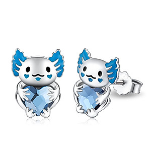 Axolotl Earrings Sterling Silver Sea Creature Stud Earrings Hypoallergenic Cute Earrings with Blue Crystal Kawaii Jewelry Gifts for Women Daughter