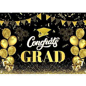 HVEST Congrats Grad Backdrop Black and Gold Balloon Class of 2023 Photography Background for Graduation Party Decorations Graduation Banner Cake Table Decor Photo Booth Props,7x5ft