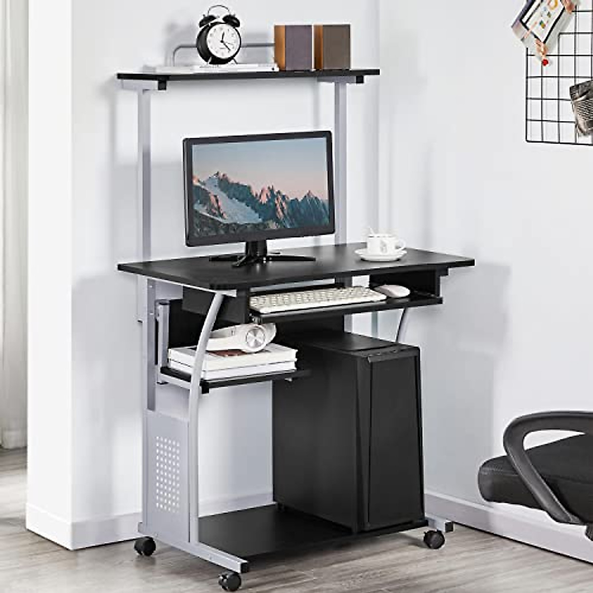 Topeakmart 3 Tier Computer Desk with Printer Shelf and Keyboard Tray, Home Office Desk Computer Workstation Rolling Study PC Laptop Table for Small Spaces Black