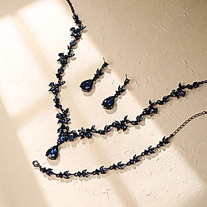 Crysdue Wedding Jewelry Set for Women Bride Bridesmaid, Stunning Marquise Rhinestone Crystal Floral Leaf Vine Pendant Necklace Dangle Earrings Bracelet Set for Prom Party Sapphire Color Black-Tone