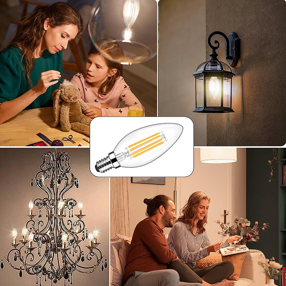 5 Pack C35 4Watt LED Candelabra Bulbs Equivalent to 40w Incandescent Bulbs,3000K Warm White 500 Lumens,B11 Candelabra Light Bulbs, E12 Dimmable Filament Clear Glass Candle Lamp for Home Decor