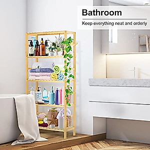 Kozart Bamboo Bookshelf 5 Tier Adjustable Bookcase 51.18” Tall Waterproof Bathroom Shelves Book Shelf with Diagonal Hooks Plant Stands Standing Shelf for Living Room Bedroom Kitchen Office (Natural)