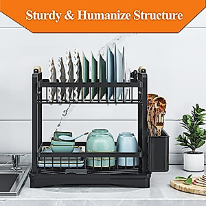 GILLAS Dish Drying Rack for Small Kitchen Counter, 2 Tier Dish Racks with Drainboard Set, Rust-Proof, Upgrade Wooden Handles, Space Saving, Black