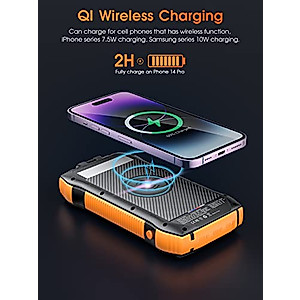 Solar Power Bank, MOSKIZ Portable Charger 33500mAh QC3.0 18W PD 20W Fast Charging, Portable Phone Charger with 10W Wireless 5 Outputs IP67 Waterproof 6W Bright Flashlight for iPhone Samsung etc.