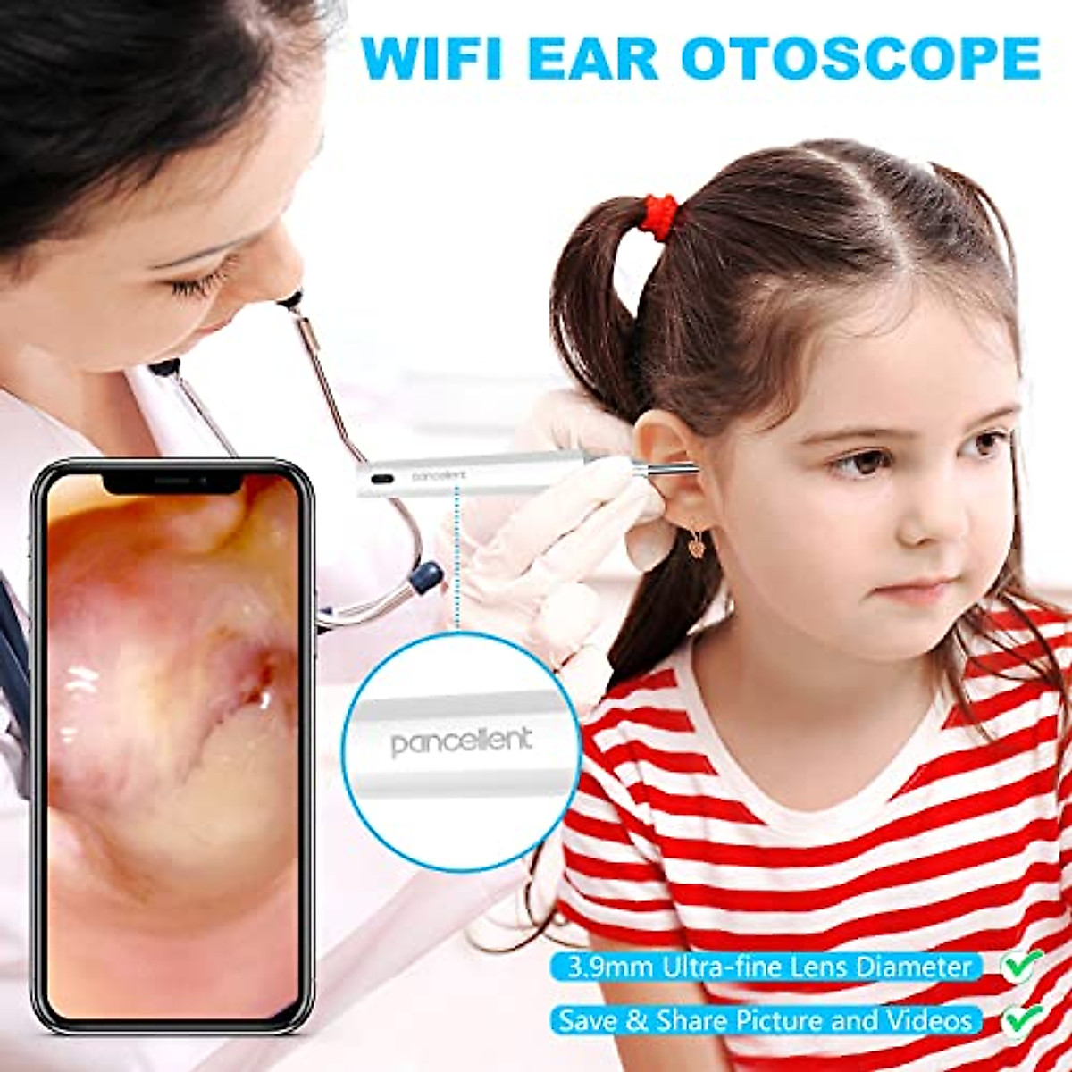 Pancellent Digital Otoscope Camera with Light, Ear Camera and Wax Remover, Video Ear Scope with Ear Wax Removal Tools, Compatible with iPhone, iPad, Android Smart Phone (Basic Edition White)
