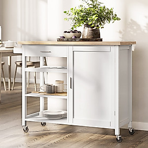 BELLEZE Modern Rolling Kitchen Island Utility Cart with a Drawer, Storage Cabinet, Handle Towel Rack, Rubber Wood Top, and Caster Wheels - Sonoma (White)