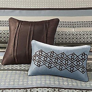 Madison Park Cozy Comforter Set - Luxurious Jaquard Traditional Damask Design, All Season Down Alternative Bedding with Matching Shams, Decorative Pillow Princeton Blue Queen(90"x90") 7 Piece