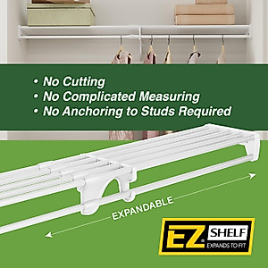 EZ Shelf DIY Expandable Closet Shelf & Rod - 28” - 48” - White - Mounts to 2 Sidewalls (No End Brackets) - Easy to Install-Strong - Wire Shelving Alternative - Rod & Shelf Kit (EZS-SCRW48)